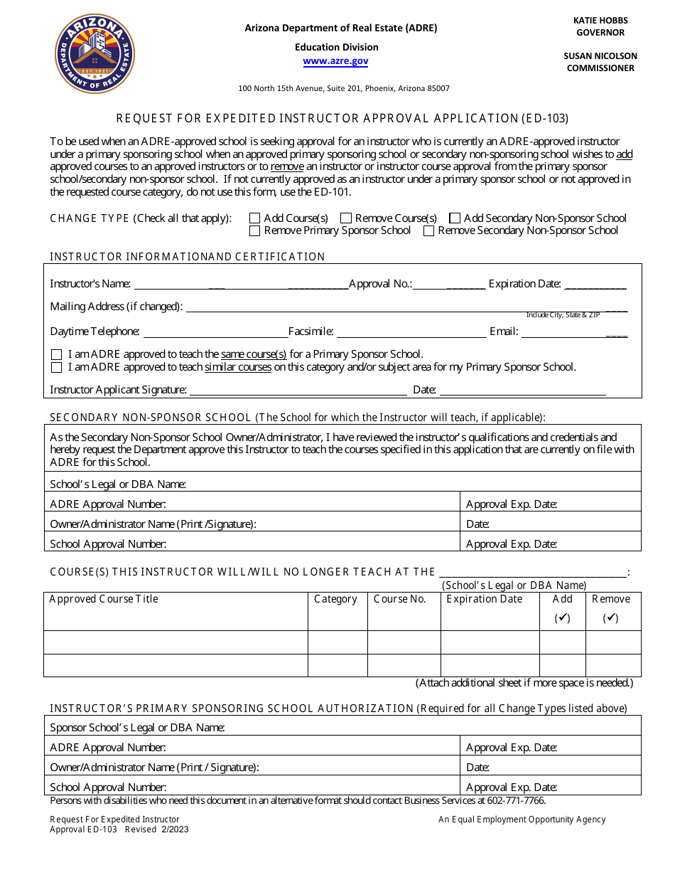 Form ED-103 Download Fillable PDF or Fill Online Request for Expedited Instructor Approval ...