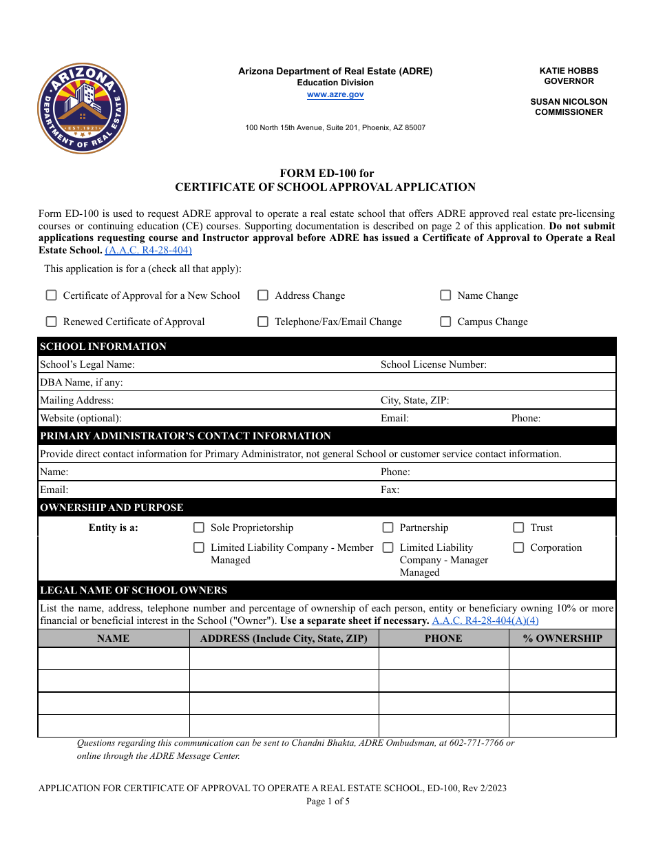 Form ED-100 - Fill Out, Sign Online and Download Fillable PDF, Arizona ...