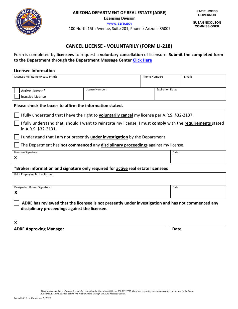 Form LI-218 Download Fillable PDF or Fill Online Cancel License ...