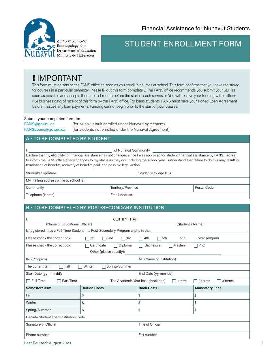 Nunavut Canada Student Enrollment Form - Fill Out, Sign Online and Download PDF | Templateroller