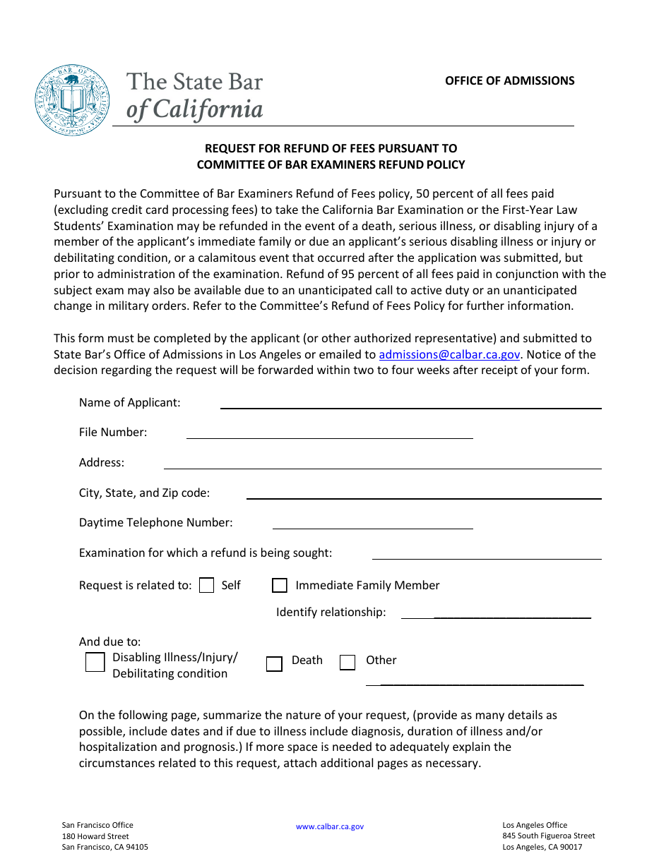 California Request for Refund of Fees Pursuant to Committee of Bar ...
