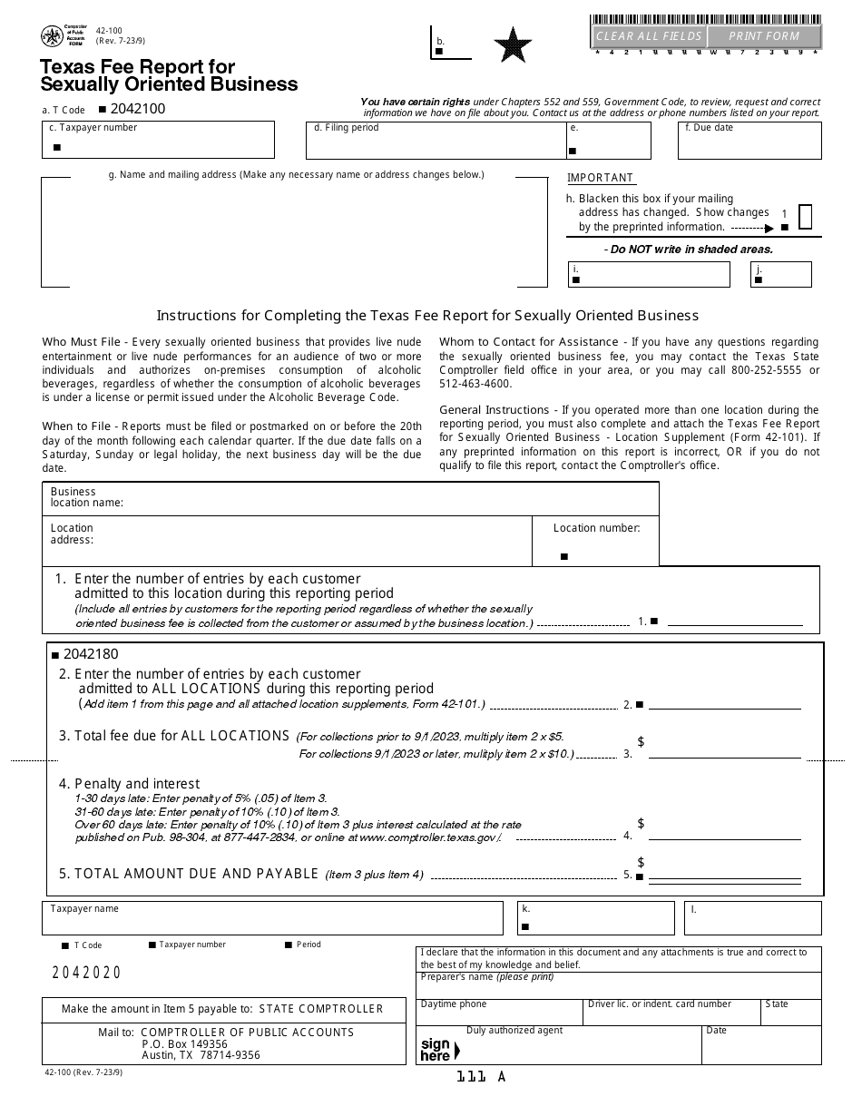 Form 42-100 Download Fillable PDF or Fill Online Texas Fee Report for ...