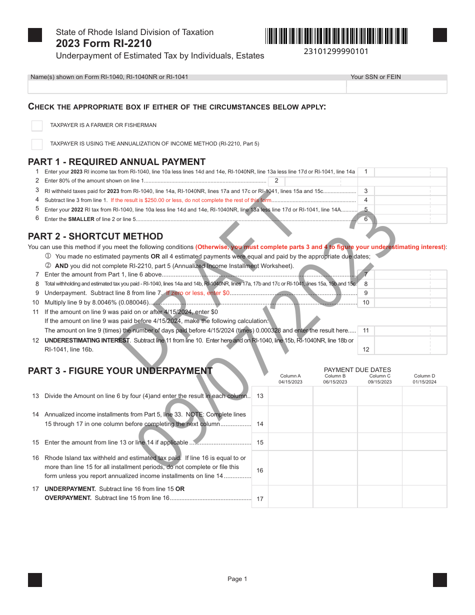 Form RI-2210 Download Printable PDF or Fill Online Underpayment of Estimated Tax by Individuals ...