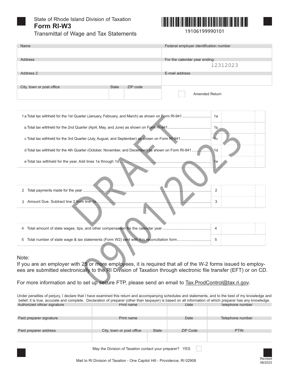 Form RI-W3 Download Printable PDF or Fill Online Transmittal of Wage ...