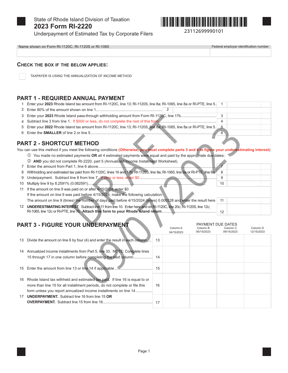 Form RI-2220 Download Printable PDF or Fill Online Underpayment of ...
