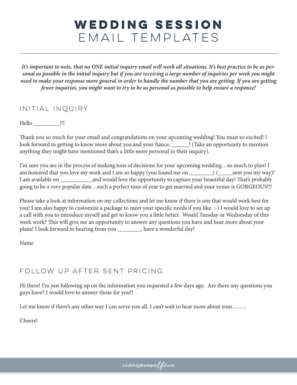 Wedding Session Email Templates Download Printable PDF | Templateroller