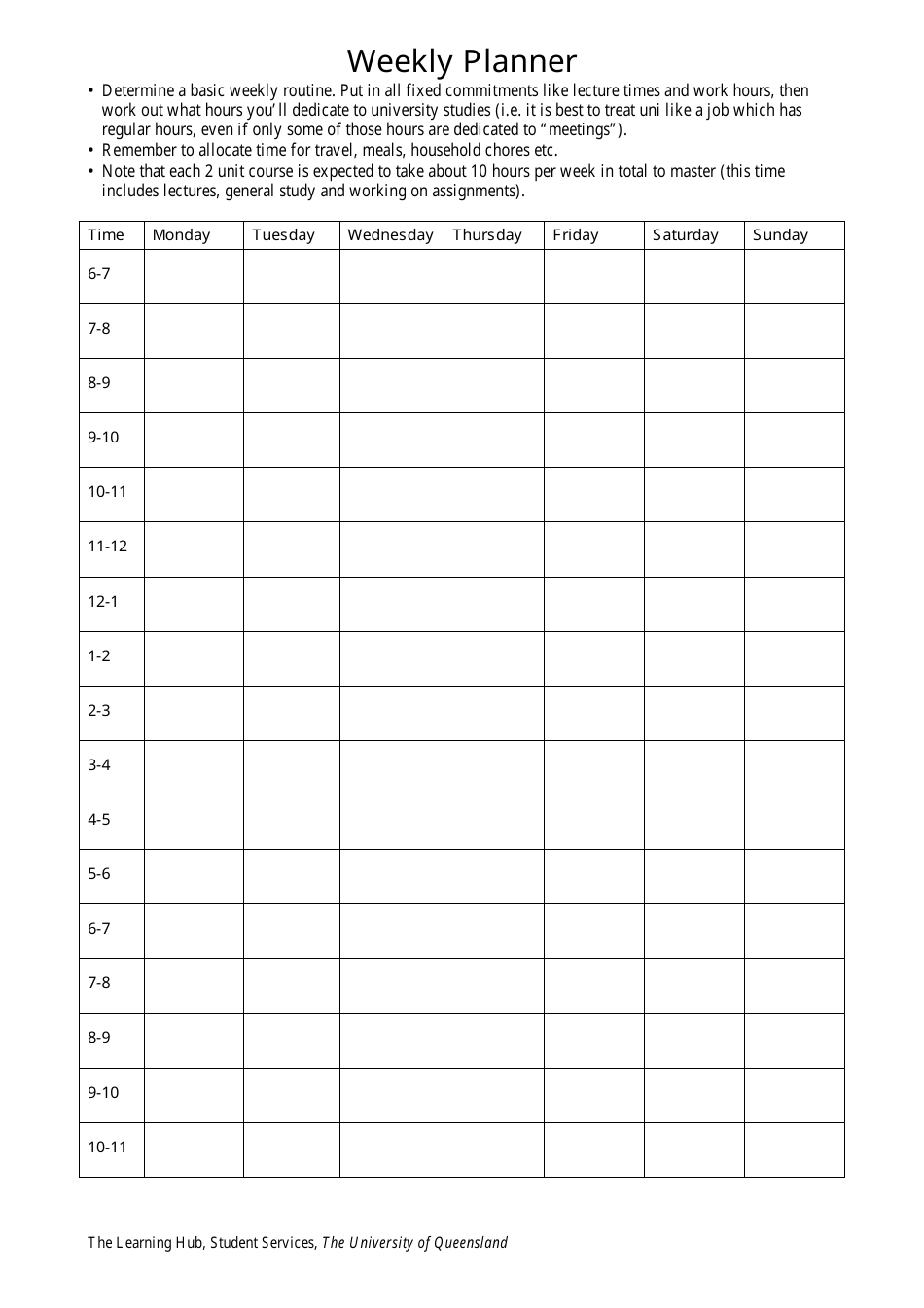 Weekly Planner Template - the University of Queensland Download ...