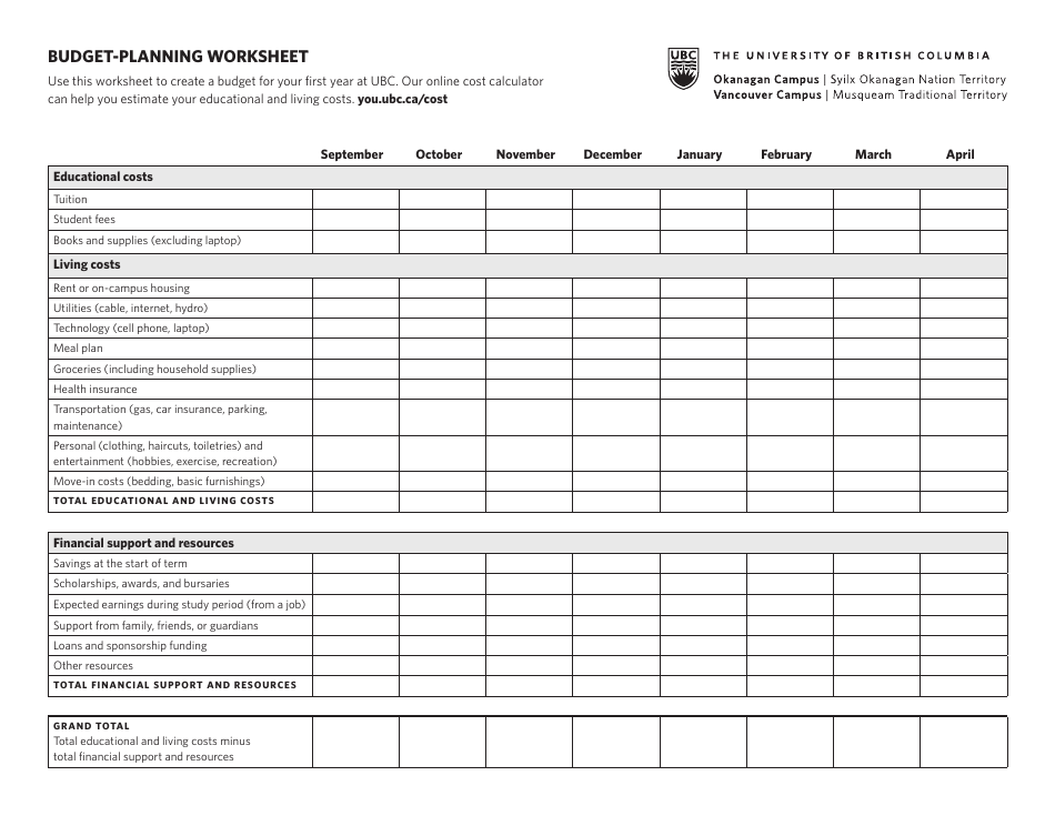 University Budget-Planning Worksheet - Ubc Download Printable PDF ...