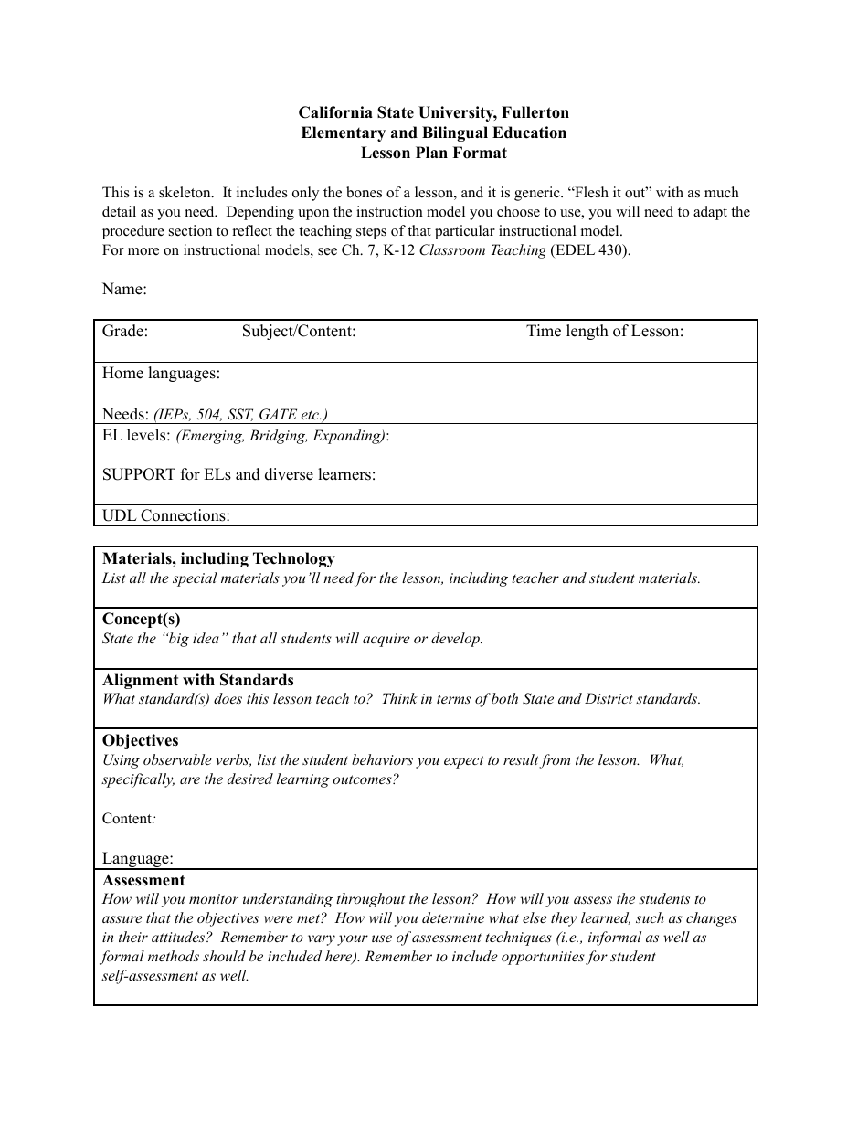 Elementary and Bilingual Education Lesson Plan Format Download ...