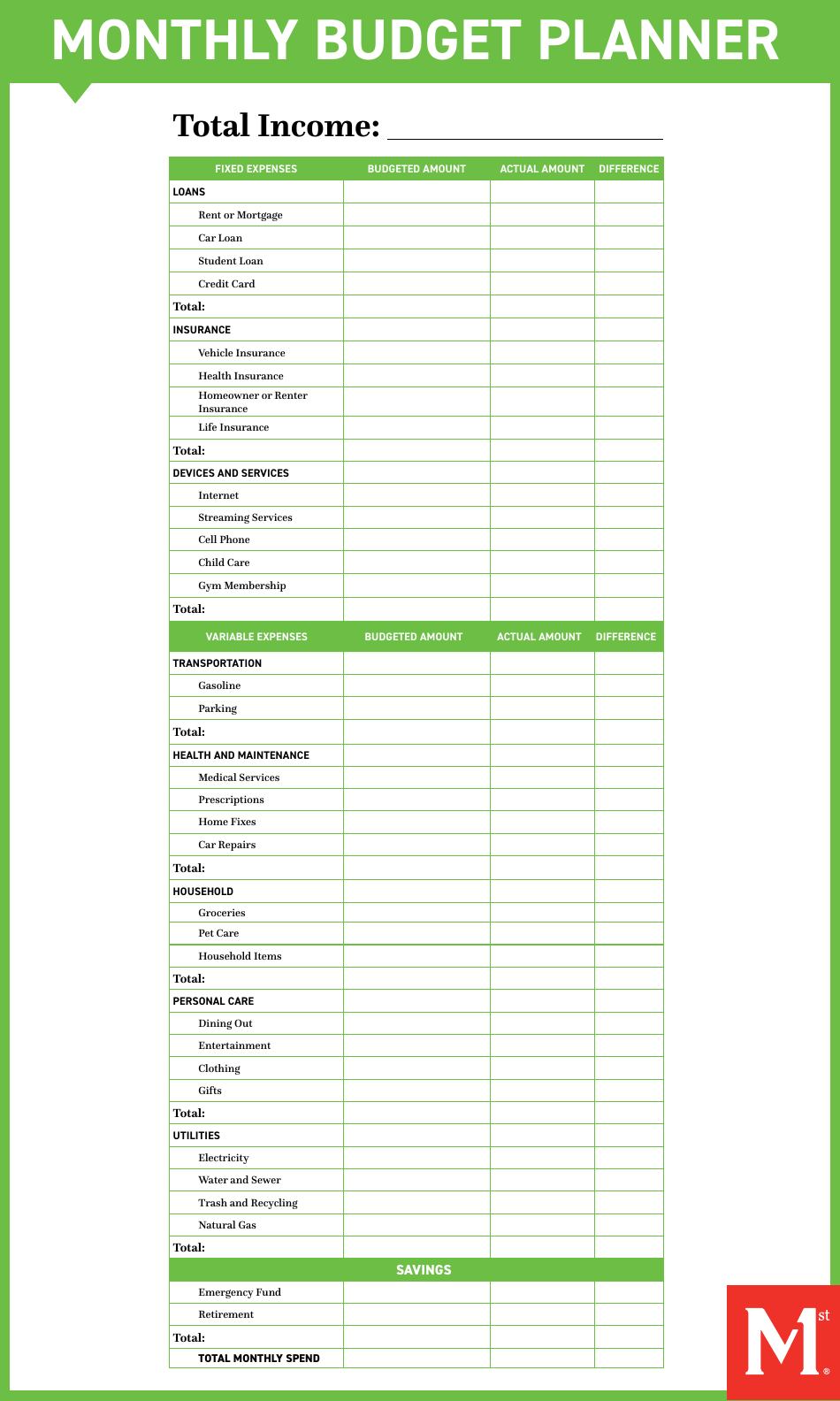 Monthly Budget Planner Template - Green - Fill Out, Sign Online and ...