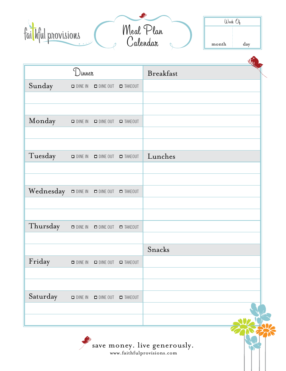 Meal Plan Calendar Template Download Fillable PDF | Templateroller