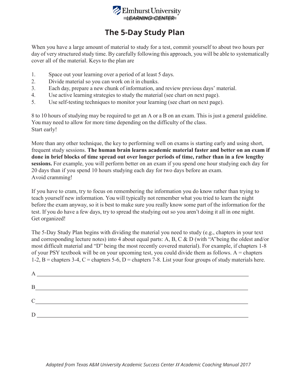 5-day Study Plan Download Printable PDF | Templateroller