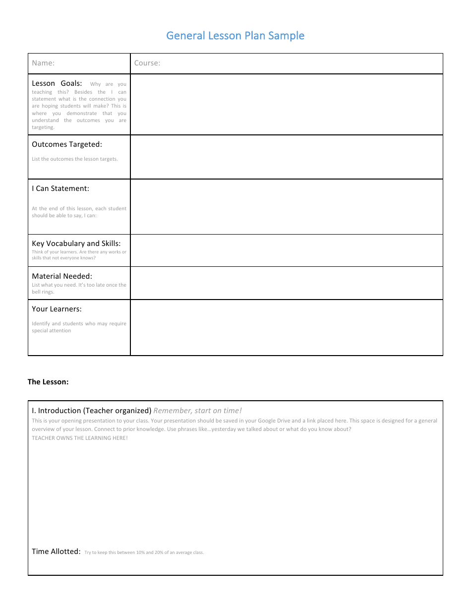 General Lesson Plan Template Download Printable PDF | Templateroller