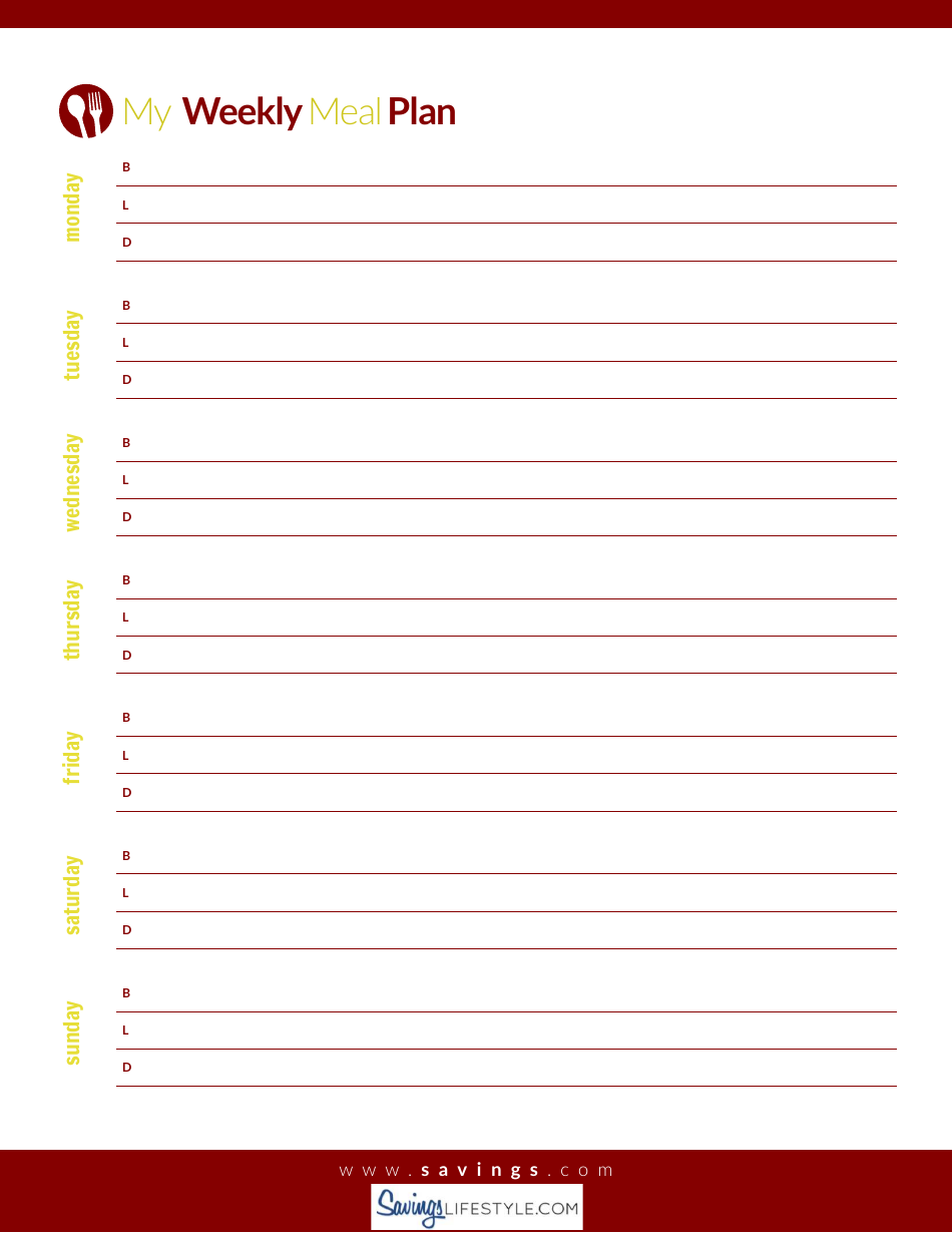 Weekly Meal Plan Template - Red Download Printable PDF | Templateroller