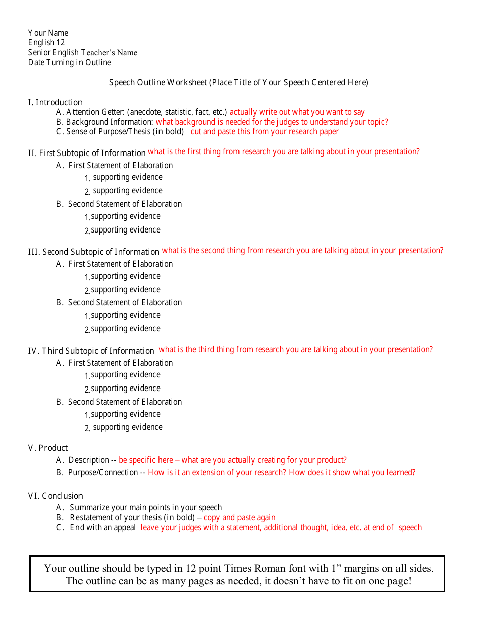 Speech Outline Worksheet Download Printable PDF | Templateroller