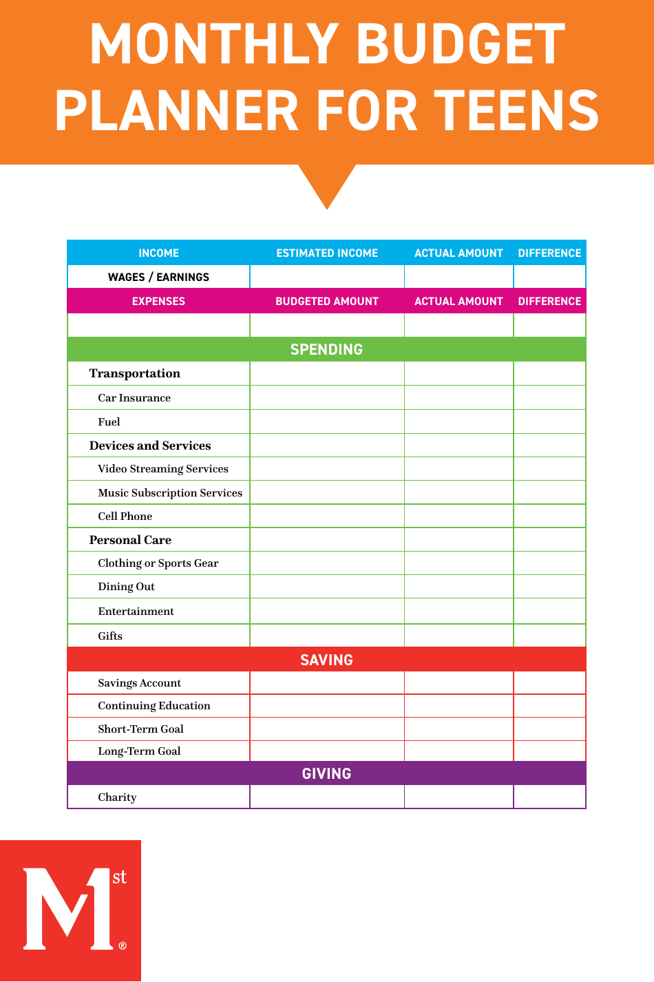 Monthly Budget Planner for Teens Download Fillable PDF | Templateroller