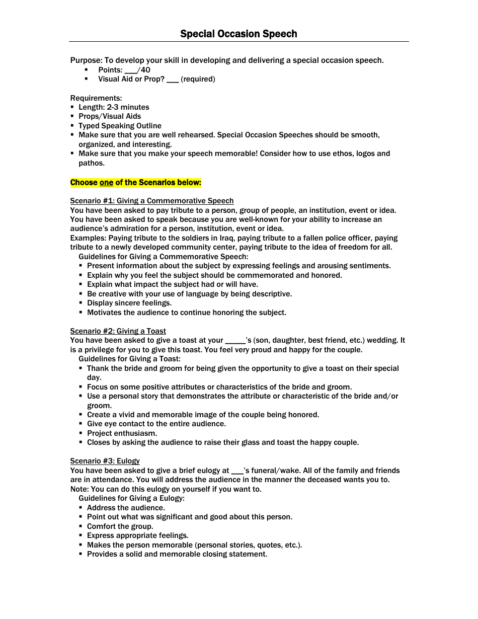 Special Occasion Speech Outline Download Printable PDF | Templateroller