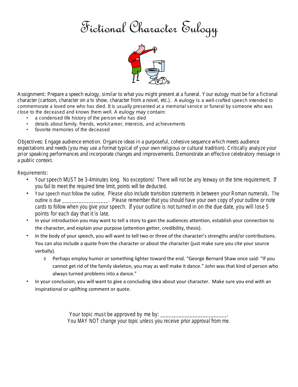 Fictional Character Eulogy Download Printable PDF | Templateroller