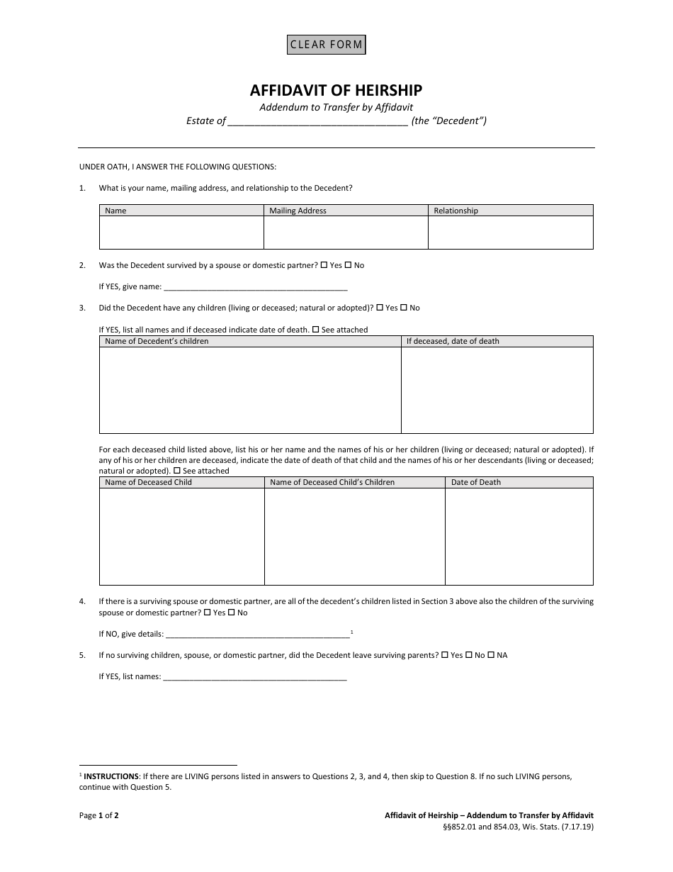 Wisconsin Affidavit of Heirship - Addendum to Transfer by Affidavit ... Wisconsin Affidavit of Heirship - Addendum to Transfer by Affidavit ...