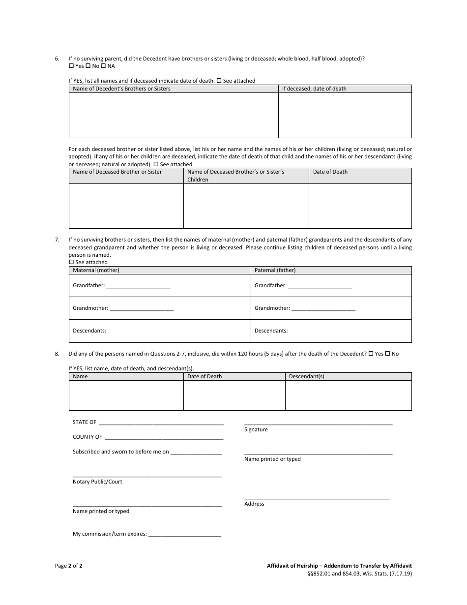 Wisconsin Affidavit of Heirship - Addendum to Transfer by Affidavit ... Wisconsin Affidavit of Heirship - Addendum to Transfer by Affidavit ...