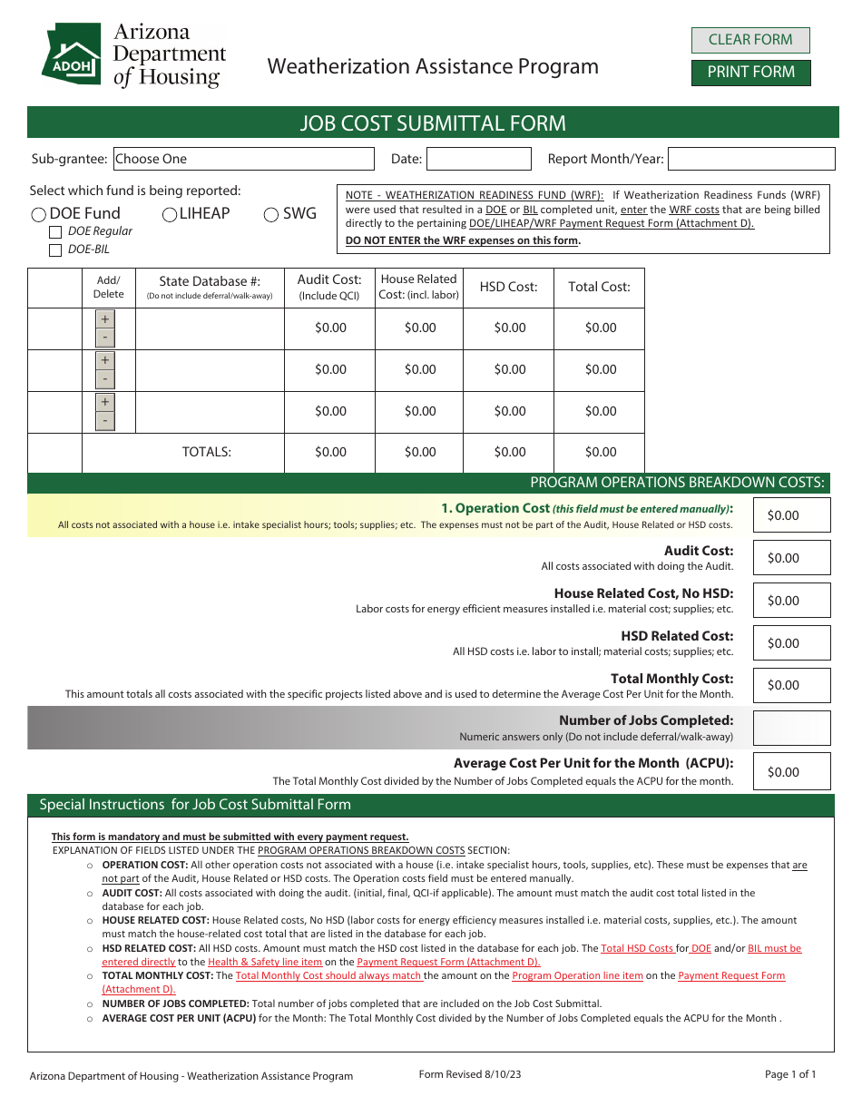 Arizona Job Cost Submittal Form Weatherization Assistance Program Download Fillable Pdf