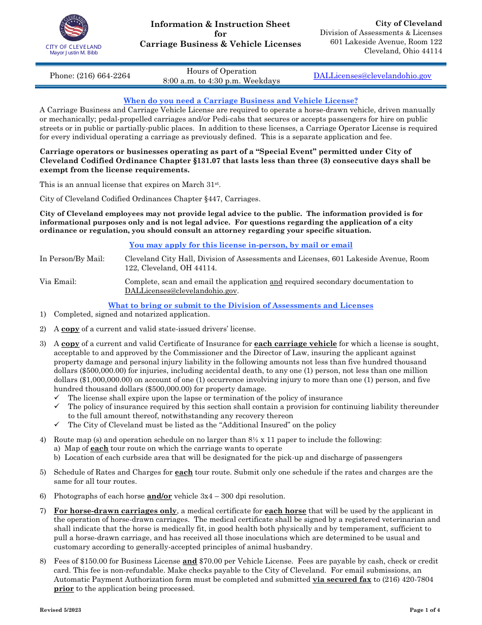 City of Cleveland, Ohio Carriage Business & Vehicle License Application ...