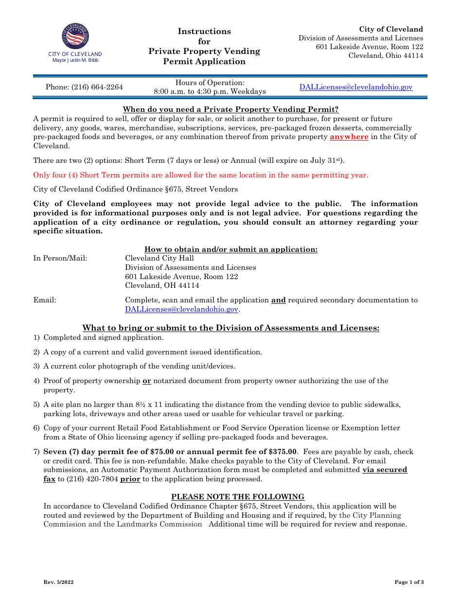 City of Cleveland, Ohio Private Property Vending Permit Application ...