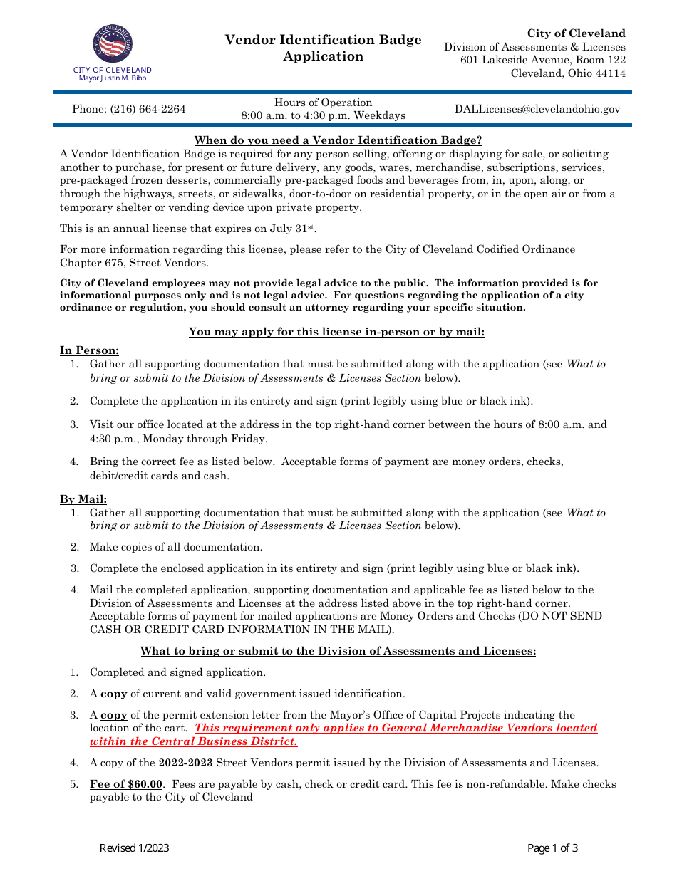 City of Cleveland, Ohio Vendor Identification Badge Application - Fill ...