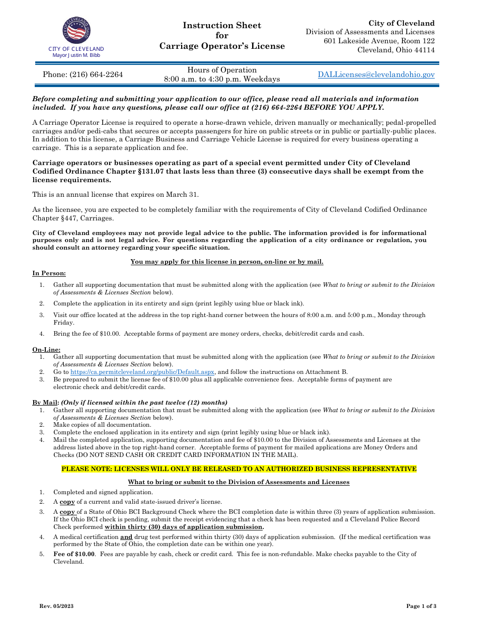 City of Cleveland, Ohio Carriage Operator's License Application - Fill ...