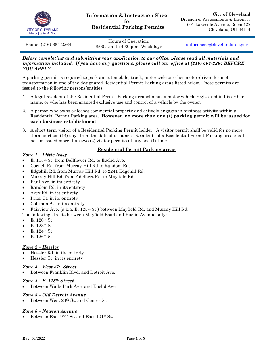 City of Cleveland, Ohio Application for Residential Parking Permits ...