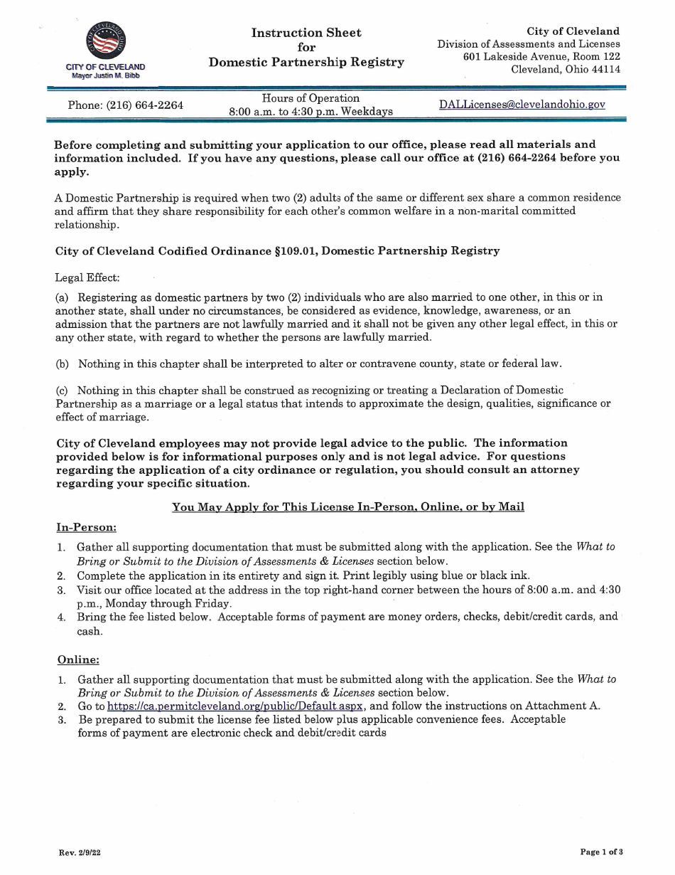 City of Cleveland, Ohio Domestic Partnership Registry Application ...
