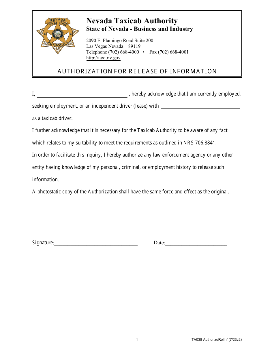 Form TA038 - Fill Out, Sign Online and Download Fillable PDF, Nevada ...