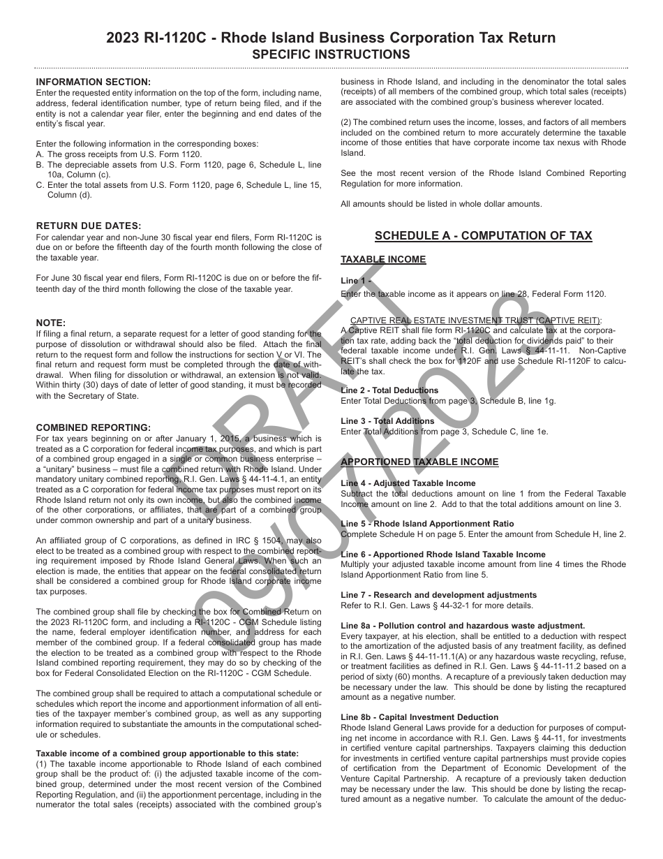 Download Instructions for Form RI-1120C Business Corporation Tax Return ...