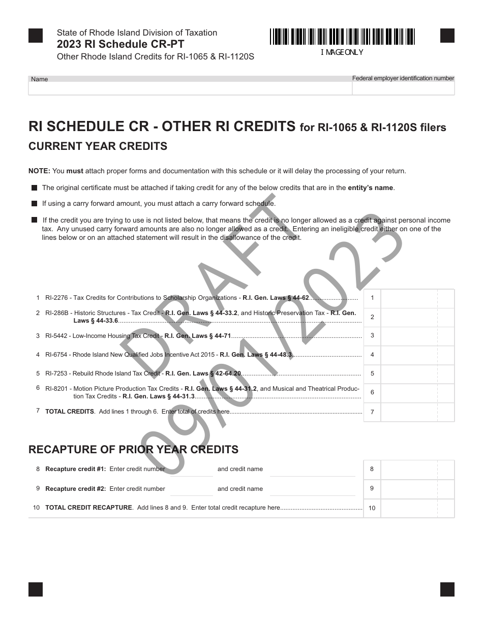 2023 Rhode Island Other Rhode Island Credits for Ri-1065 & Ri-1120s - Draft - Fill Out, Sign ...