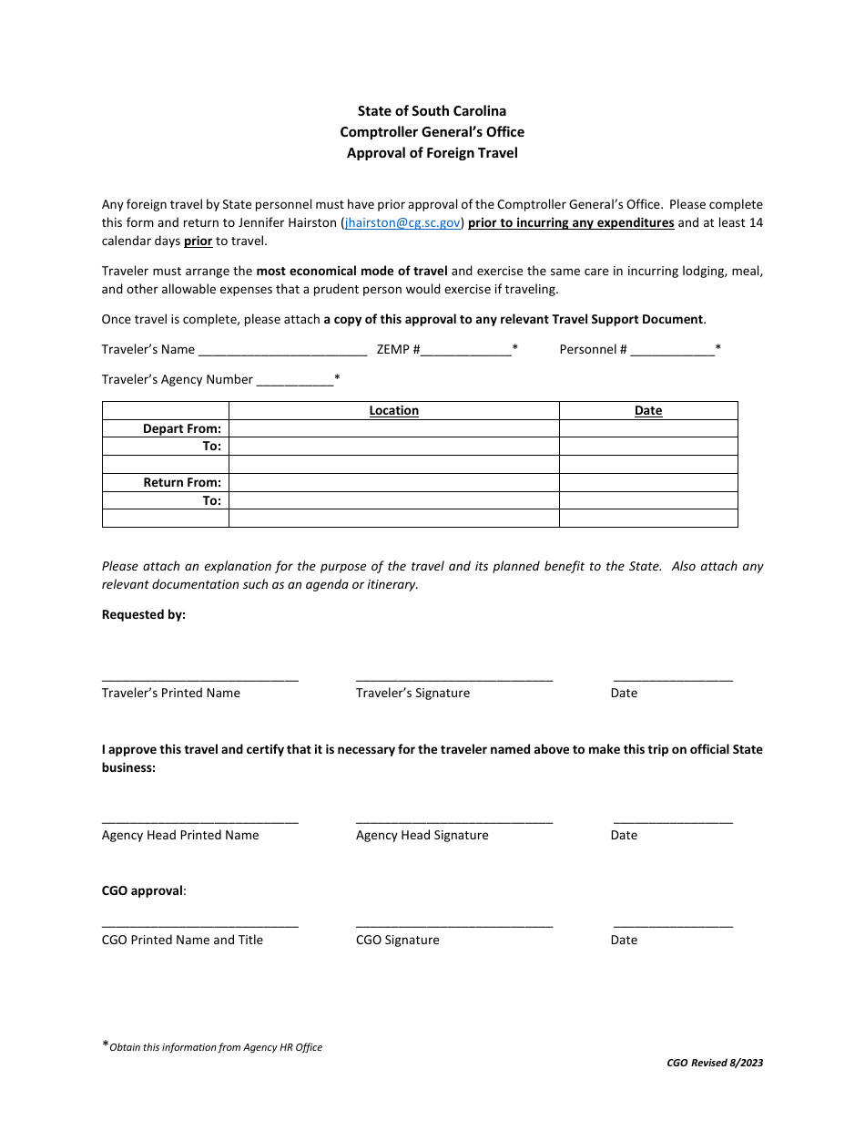 South Carolina Approval of Foreign Travel Download Fillable PDF ...