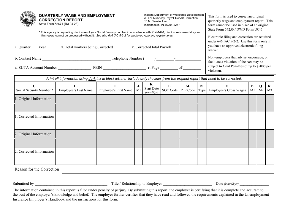 State Form 52671 Download Printable PDF or Fill Online Quarterly Wage ...