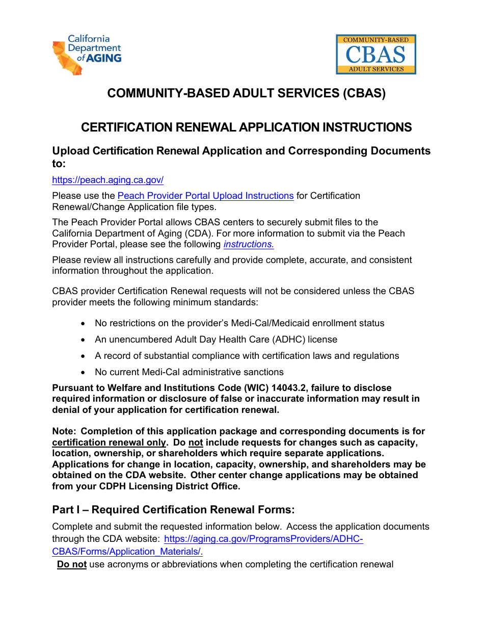 California Community-Based Adult Services (Cbas) Certification Renewal Application Instructions ...