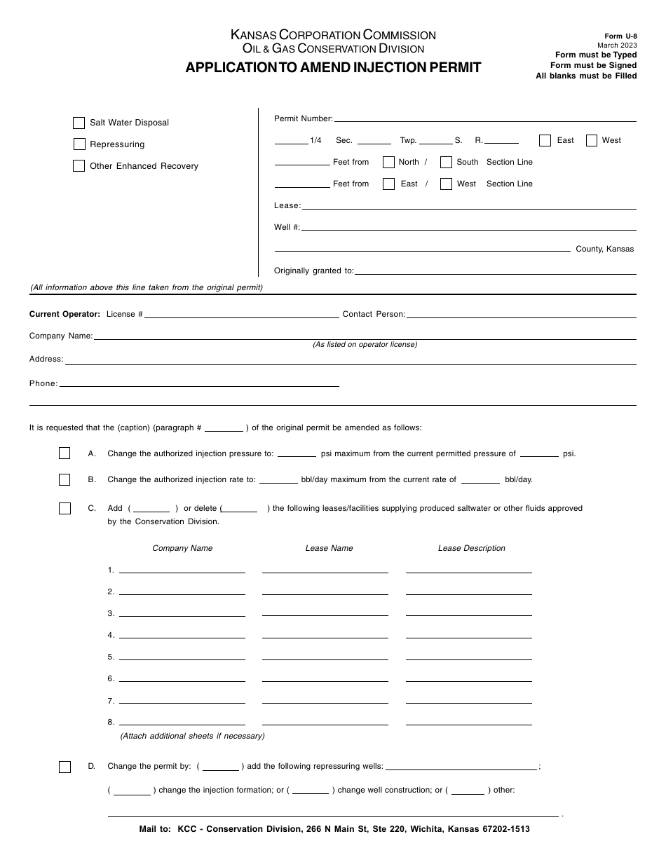 Form U-8 Download Fillable PDF or Fill Online Application to Amend Injection Permit, Kansas 2014 ...