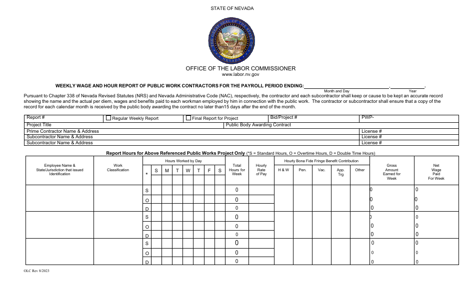 Nevada Weekly Wage and Hour Report of Public Work Contractors - Fill ...