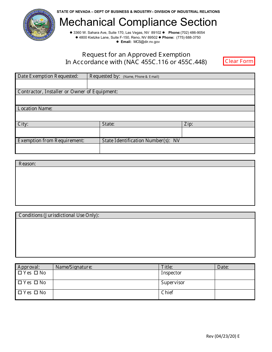 Nevada Request for an Approved Exemption in Accordance With (Nac 455c ...