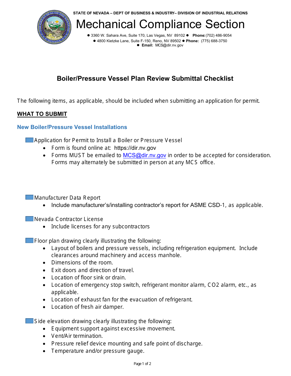 Nevada Boiler/Pressure Vessel Plan Review Submittal Checklist - Fill ...