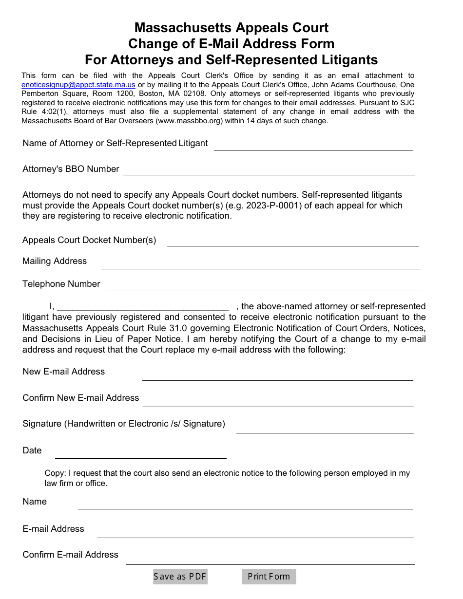 Massachusetts Change Of E Mail Address Form For Attorneys And Self massachusetts-change-of-e-mail-address-form-for-attorneys-and-self