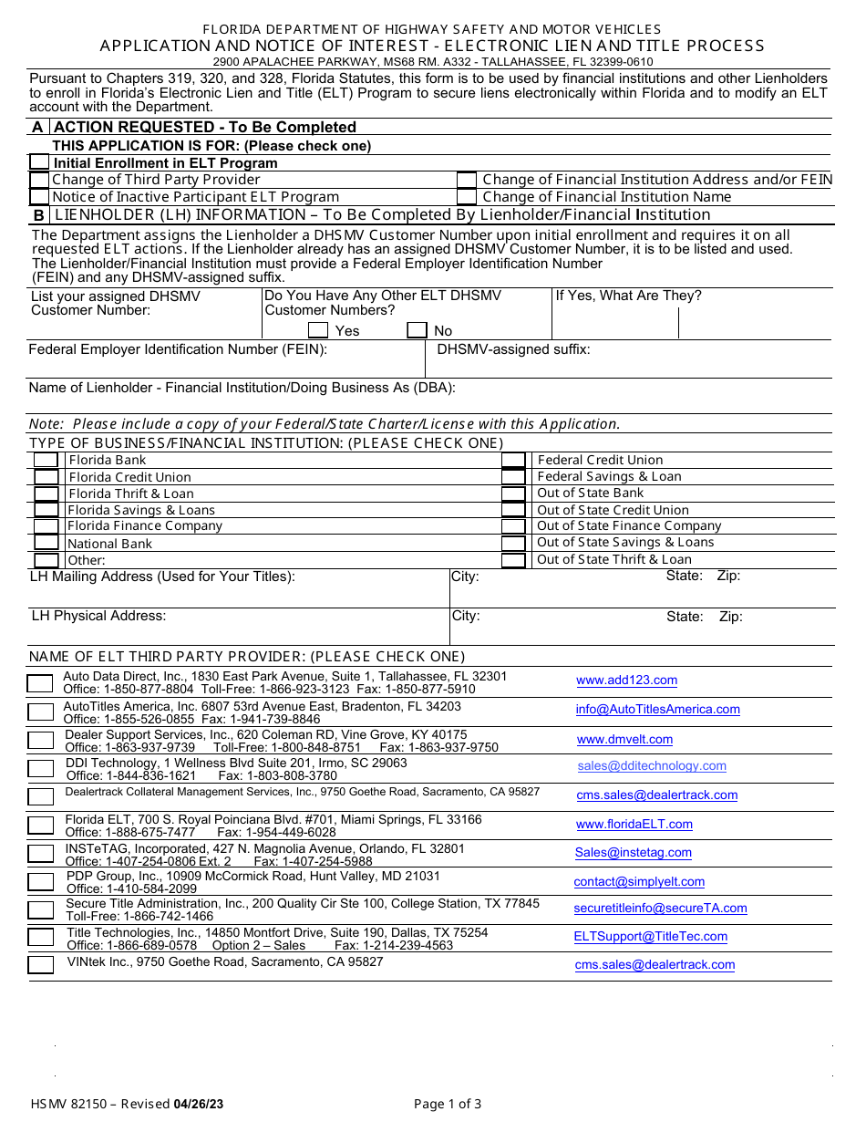 Form HSMV82150 Download Fillable PDF or Fill Online Application and Notice of Interest ...