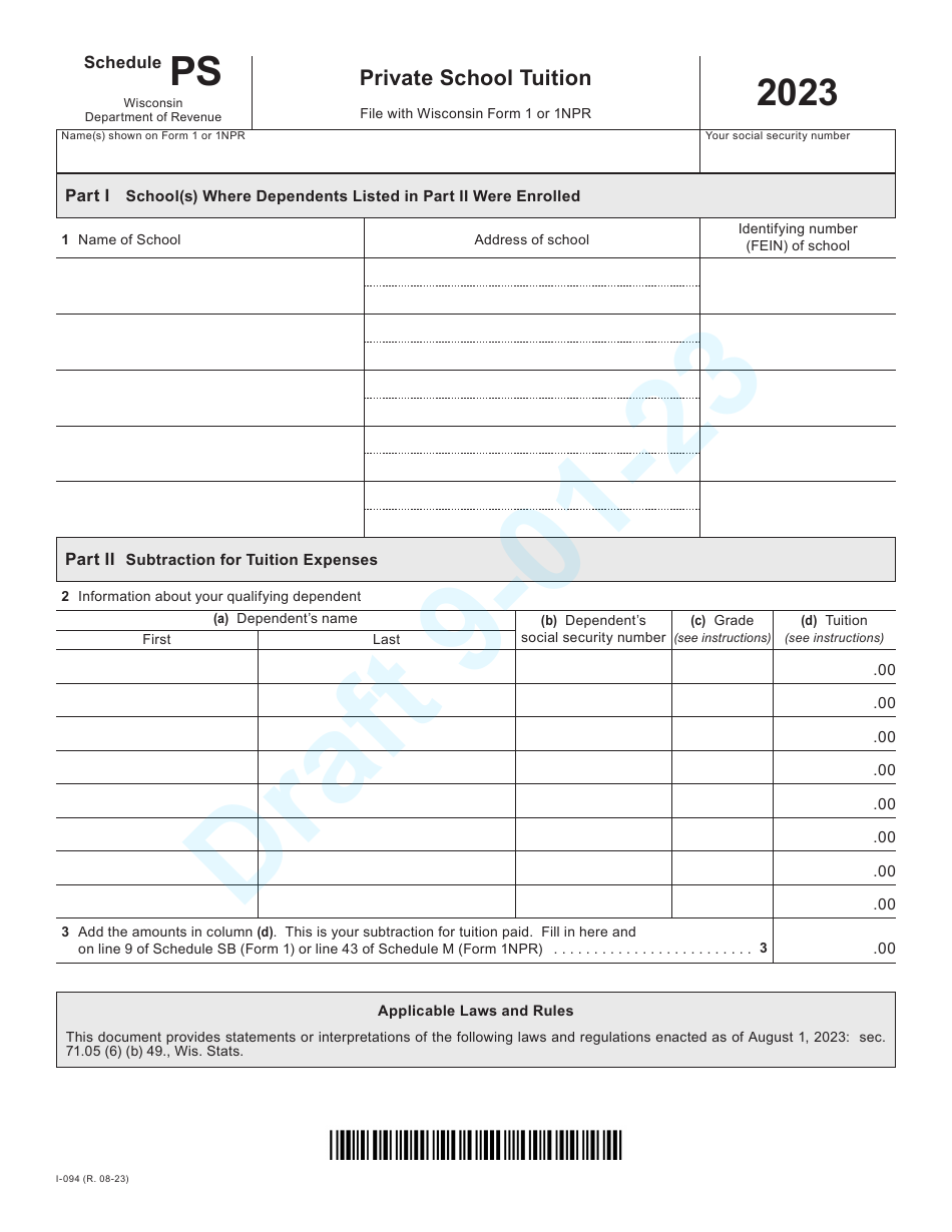Form I-094 Schedule PS Download Printable PDF or Fill Online Private School Tuition - Draft ...