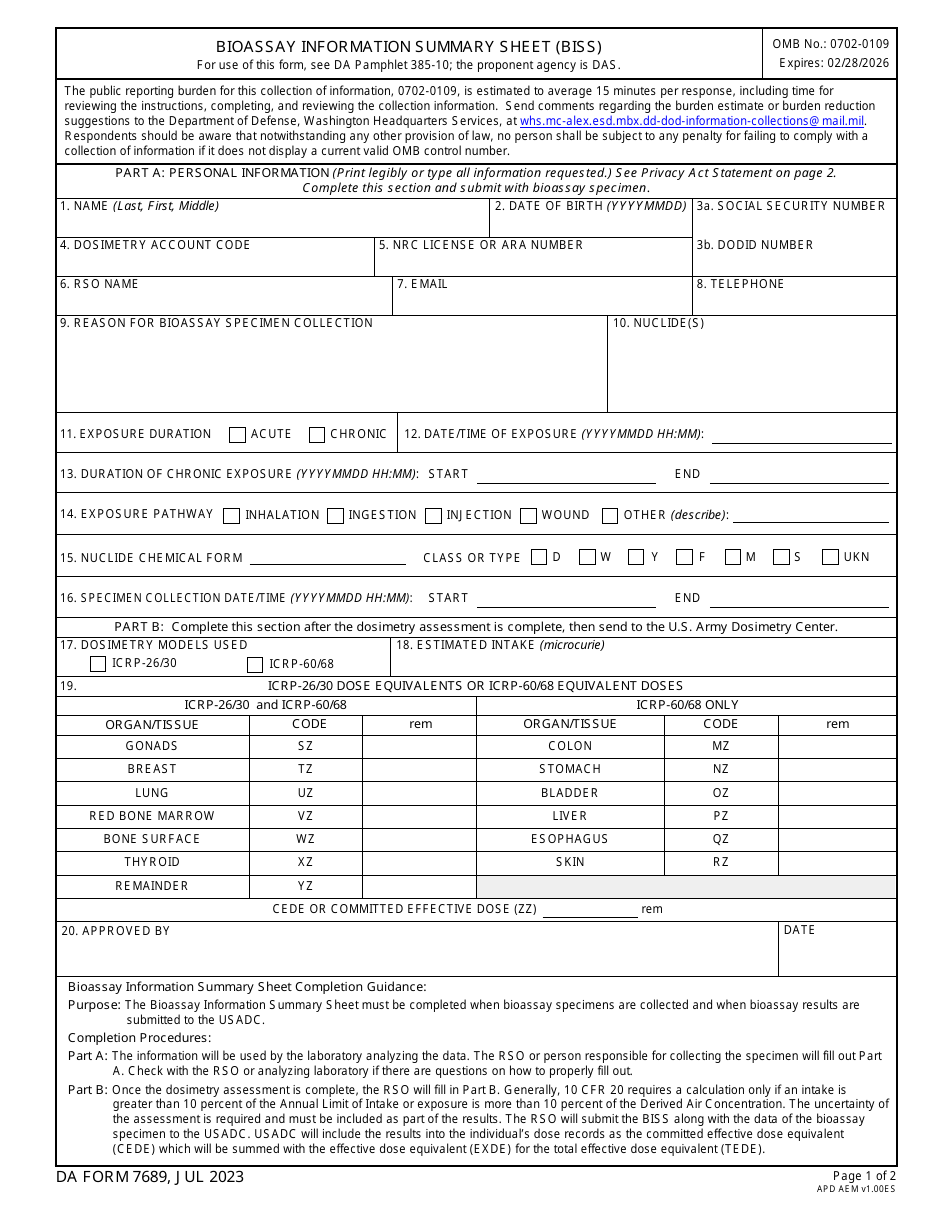 DA Form 7689 Download Fillable PDF or Fill Online Bioassay Information ...