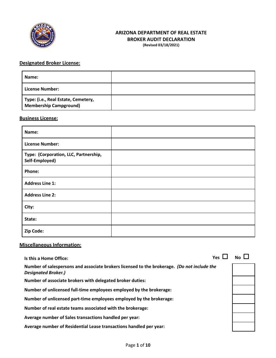 Arizona Broker Audit Declaration - Fill Out, Sign Online and Download ...