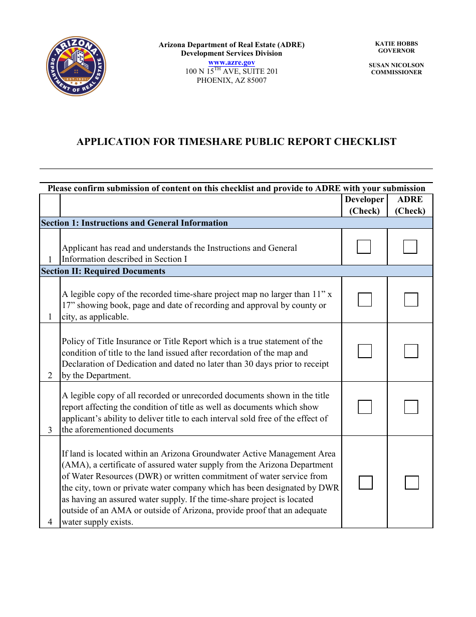 Arizona Application for Timeshare Public Report Download Fillable PDF ...