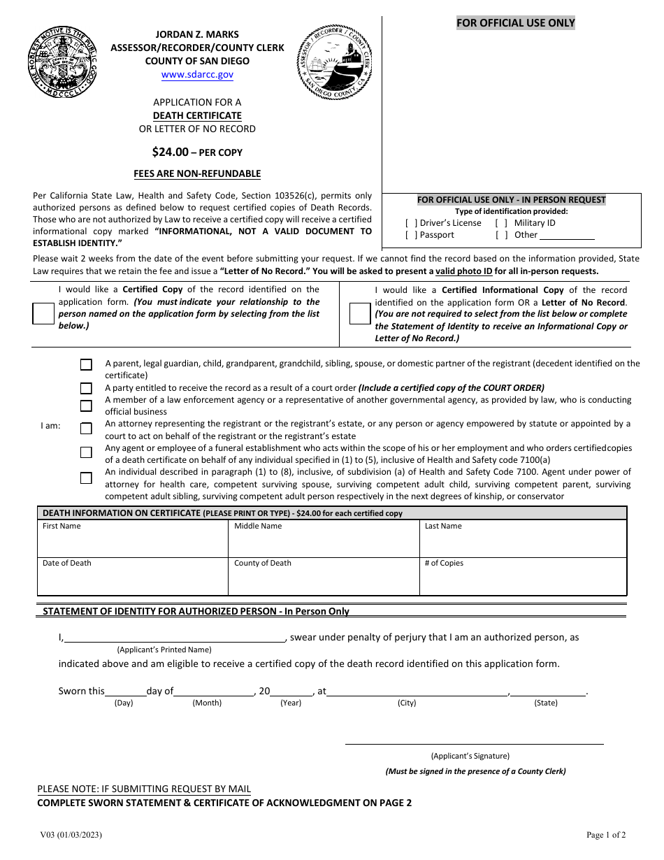 Form V03 Download Fillable PDF or Fill Online Application for a Death ...