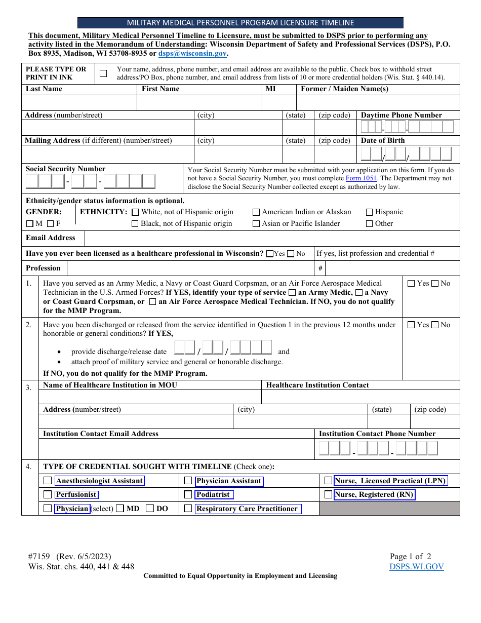 Form 7159 - Fill Out, Sign Online and Download Fillable PDF, Wisconsin ...