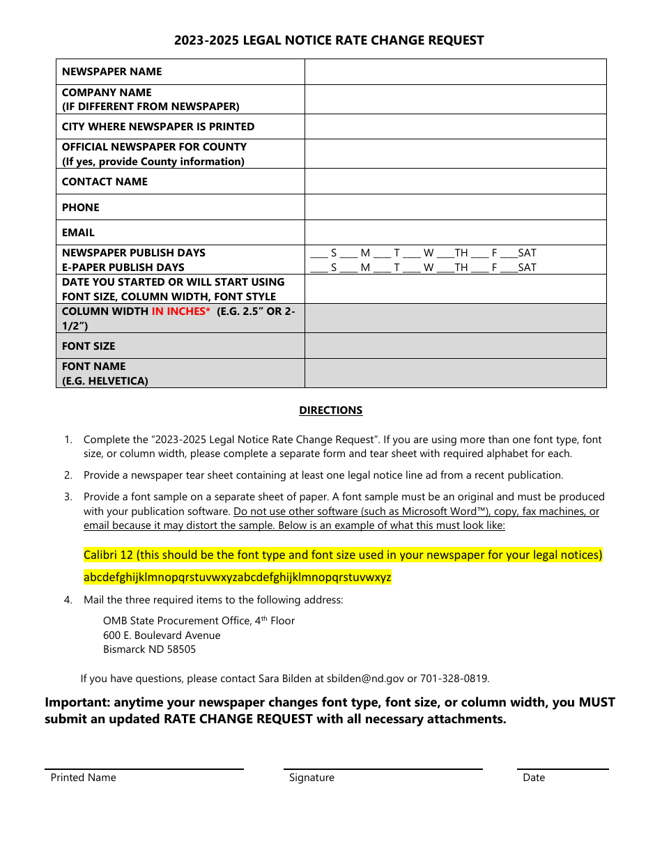 2025 North Dakota Legal Notice Rate Change Request - Fill Out, Sign ...
